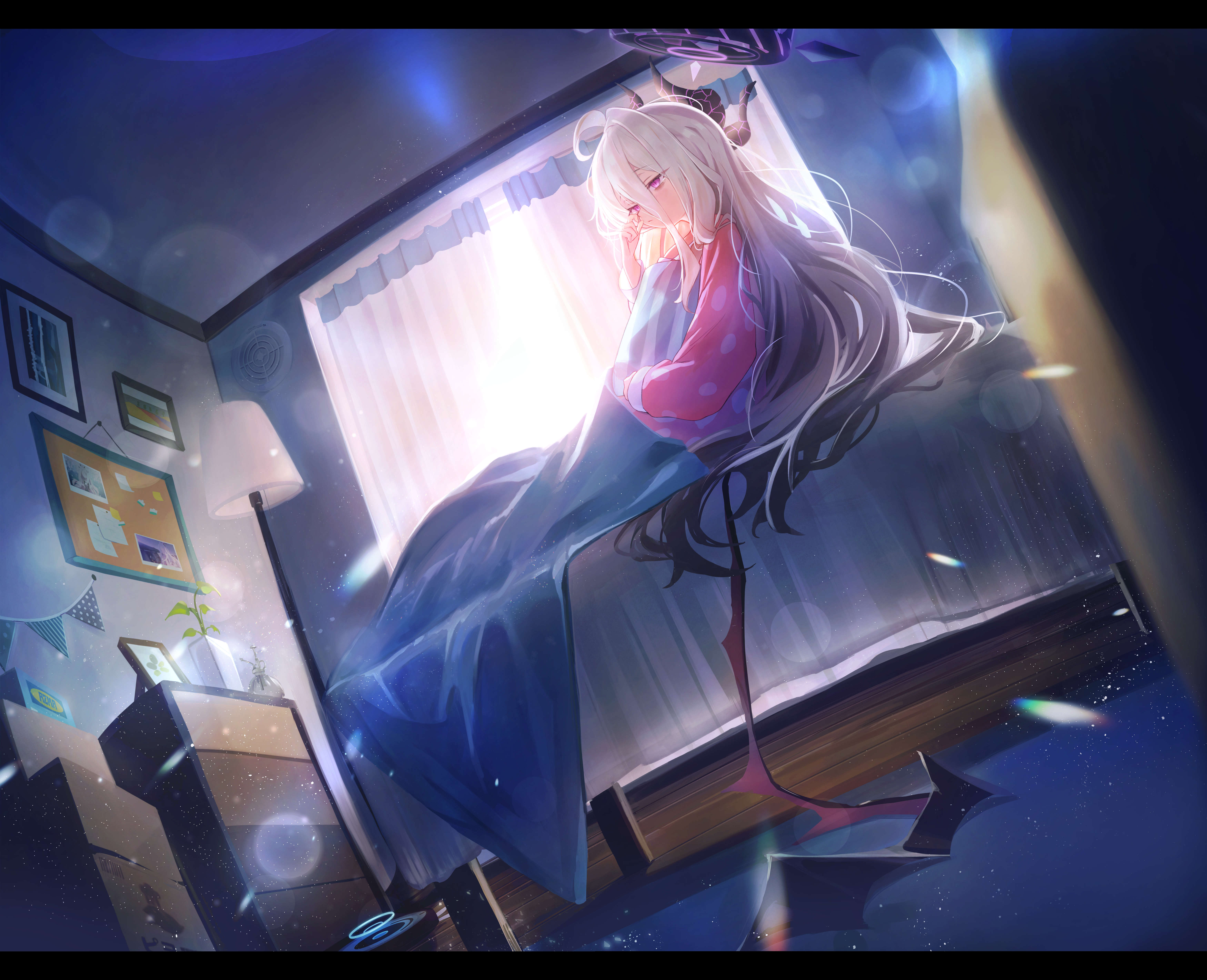 higashigure blue archive sorasaki hina devil halo horns pajama sheets wings jpeg artifacts ...